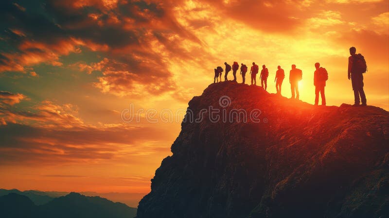 Group of People Standing on a Mountain Summit Celebrating Successful ...