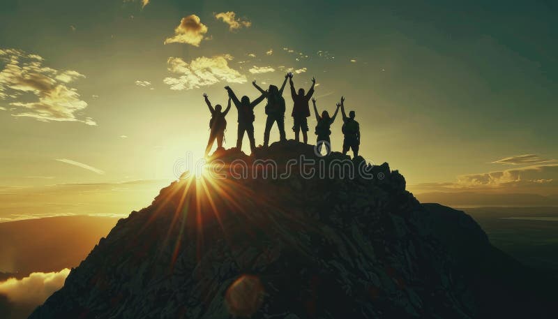 A Group of People are Standing on a Mountain, with the Sun Shining on ...