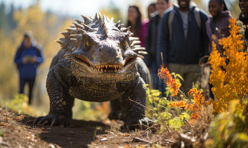 Group of People Standing Next To Large Lizard Stock Image - Image of ...