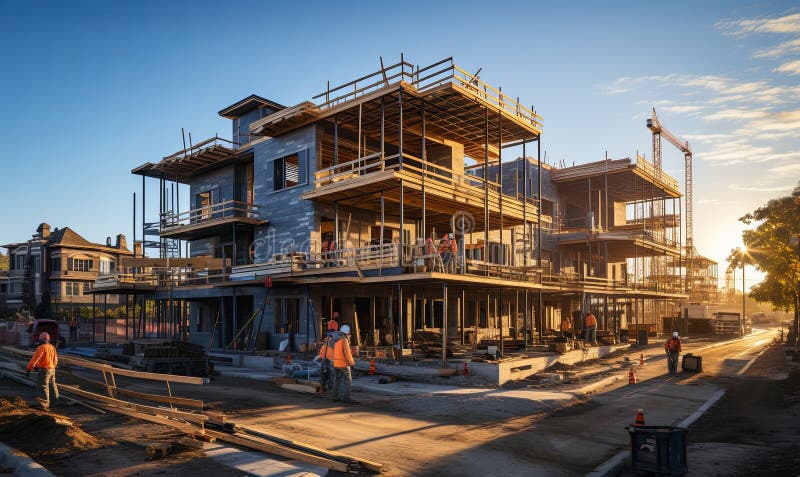 Group of People Standing Outside Building Under Construction Stock ...