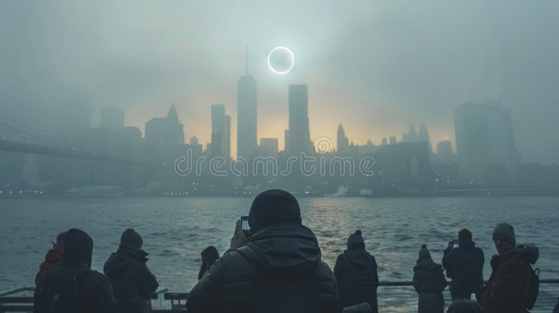 A Group of People are Standing on a Pier Watching the Solar Eclipse ...