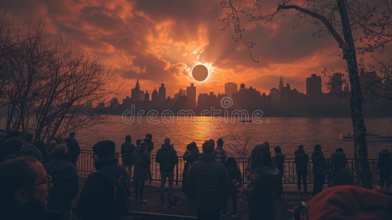 A Group of People are Standing on a Pier Watching the Solar Eclipse ...