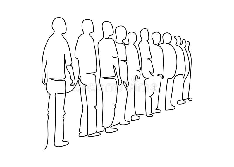 Group of People Standing in Queue, Continuous One Line Drawing. Crowd ...