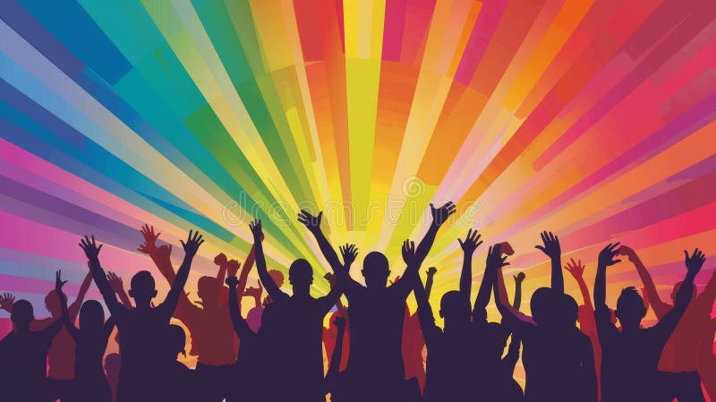 A Group of People are Standing in a Rainbow with Their Hands Raised ...