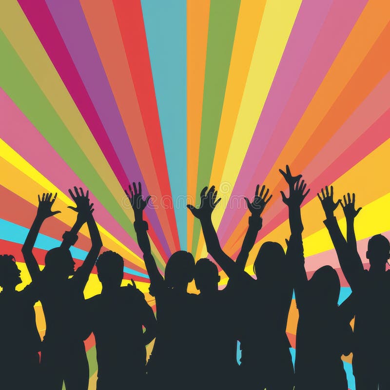 A Group of People are Standing in a Rainbow with Their Hands Raised ...