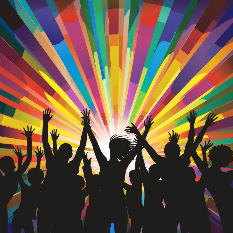 A Group of People are Standing in a Rainbow with Their Hands Raised ...