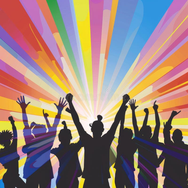 A Group of People are Standing in a Rainbow with Their Hands Raised ...
