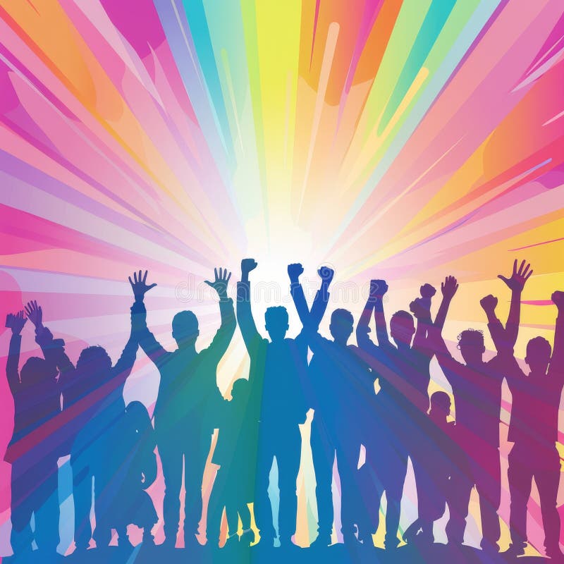 A Group of People are Standing in a Rainbow with Their Hands Raised ...