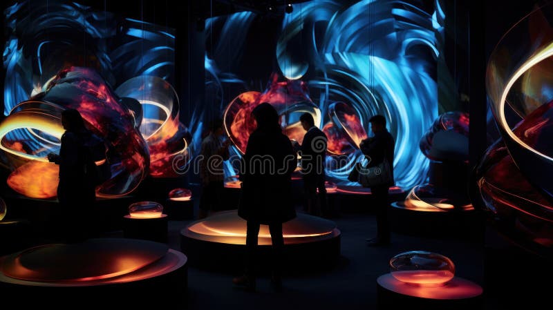 A Group of People Standing in a Room with Glowing Lights, AI Stock ...