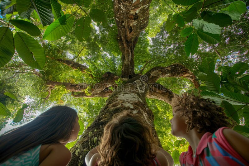 A Group of People Standing Together in Front of a Tall Tree, Looking Up ...
