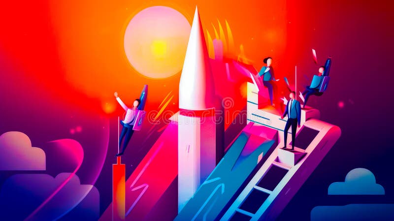 Group of People Standing on Top of Building with Rocket in the ...