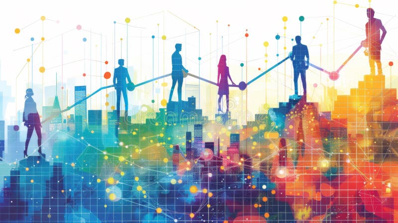 A Group of People Standing on Top of a Cityscape with Colorful Lines ...