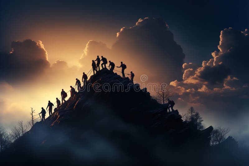 A Group of People Standing on Top of a Mountain. People Helping Each ...