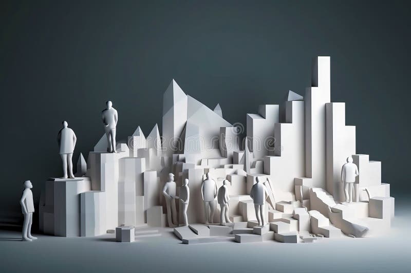 Group of People Standing on Top of Pile of Blocks in Front of City ...