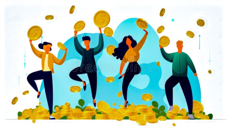 Group of People Standing on Top of Pile of Coins with Gold Coins ...