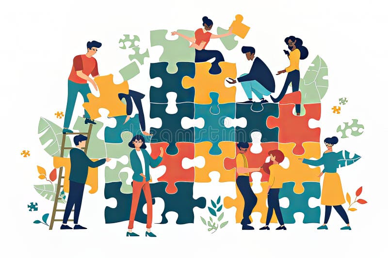 Group of People Standing on Top of a Puzzle Stock Illustration ...