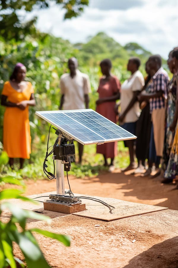 A Group of People Stands Around a Solar Panel Installation in a Rural ...