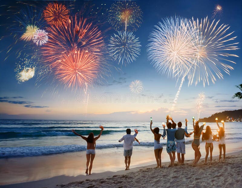 A Group of People Stands on a Beach at Sunset, Watching a Vibrant ...