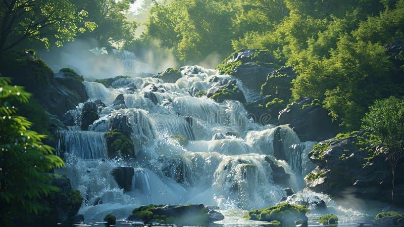 A Group of People Stands in Front of a Cascading Waterfall, Surrounded ...