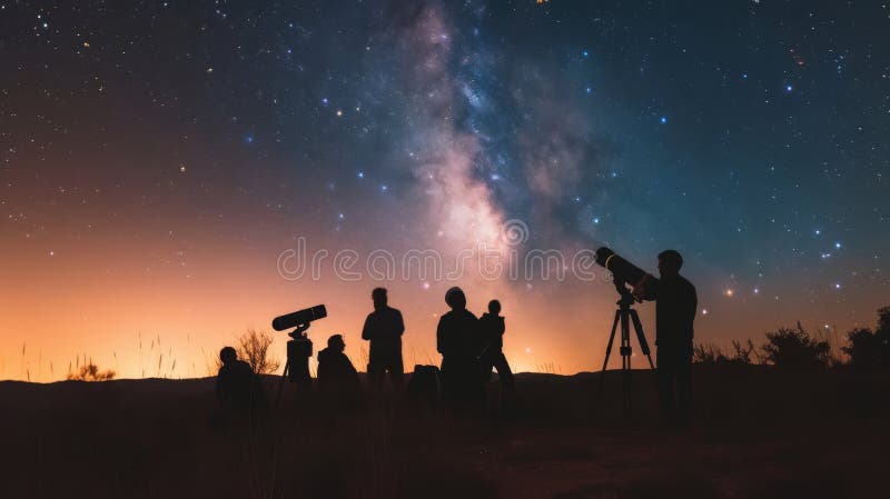 Group of People Stargazing in a Field Using Telescopes Under a Starry ...