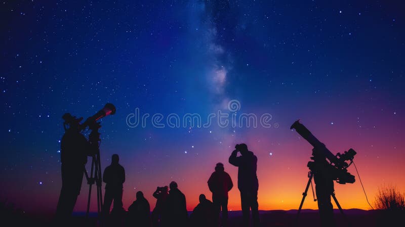 Group of People Stargazing in a Field Using Telescopes Under a Starry ...