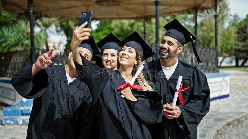 Group of People Students Graduated Holding Diploma Make Selfie by ...