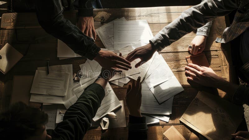 A Group of People in Suits are Sitting Around a Table and Holding Hands ...