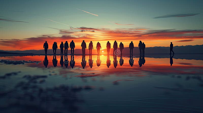 Group of People at Sunset with Reflections on Water. Stock Image ...