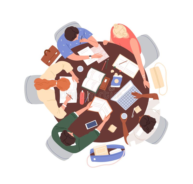 Group of People at Table, Top View. Students Team Work at Desk with ...