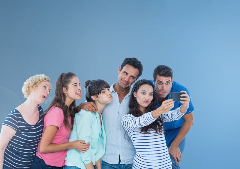 Group Of People Taking A Funny Silly Selfie In Front Of Blue Background ...