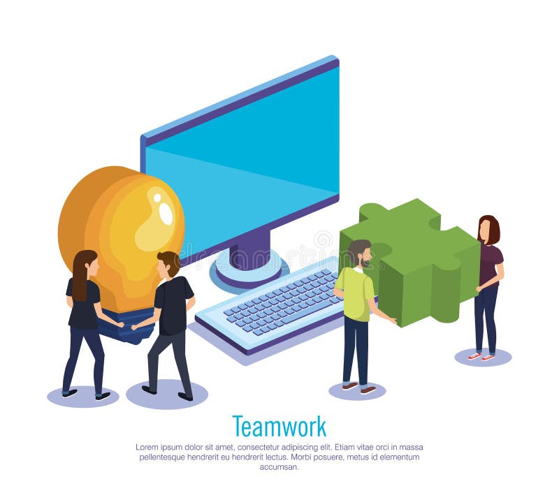 Group of People Teamwork with Computer Stock Vector - Illustration of ...