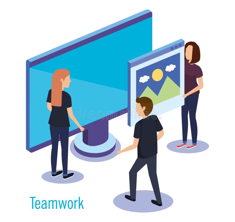 Group of People Teamwork with Computer Stock Vector - Illustration of ...