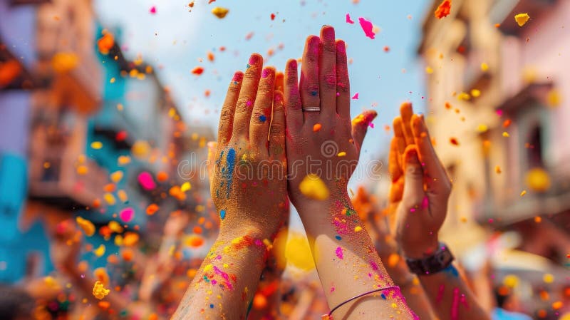 A Group of People with Their Hands in the Air Covered in Colored Powder ...