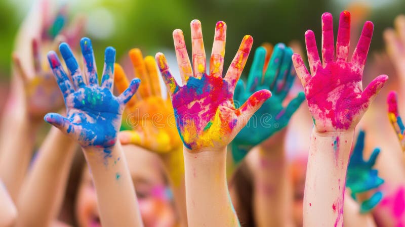A Group of People with Their Hands Painted in Bright Colors, AI Stock ...
