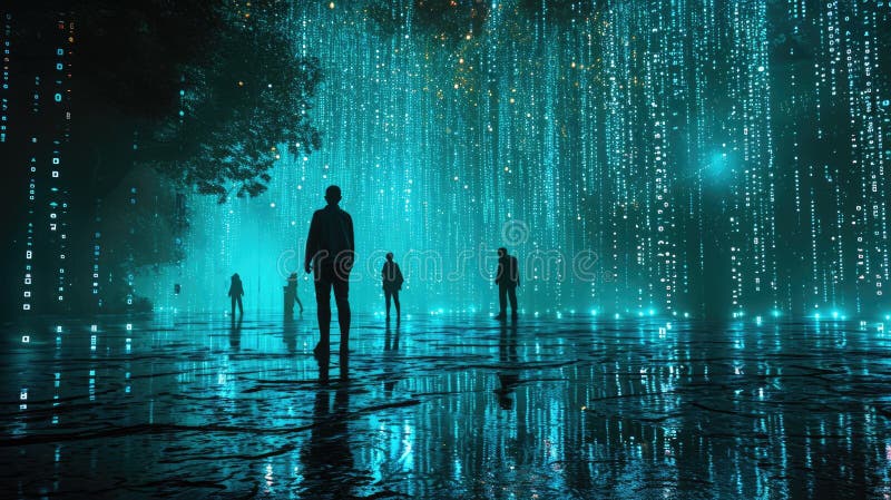 The Group People Try Searching Something in Digital Matrix Binary Code ...