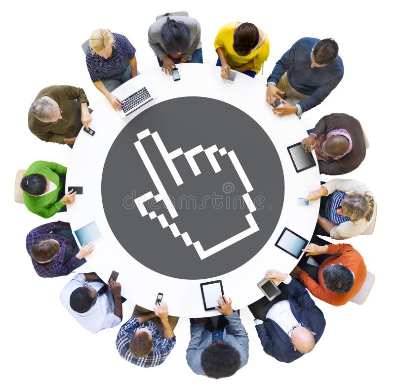 Group of People Using Digital Devices with Pointer Symbol Stock Image ...