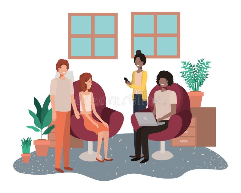 Group of People Using Technology Devices in Livingroom Stock Vector ...
