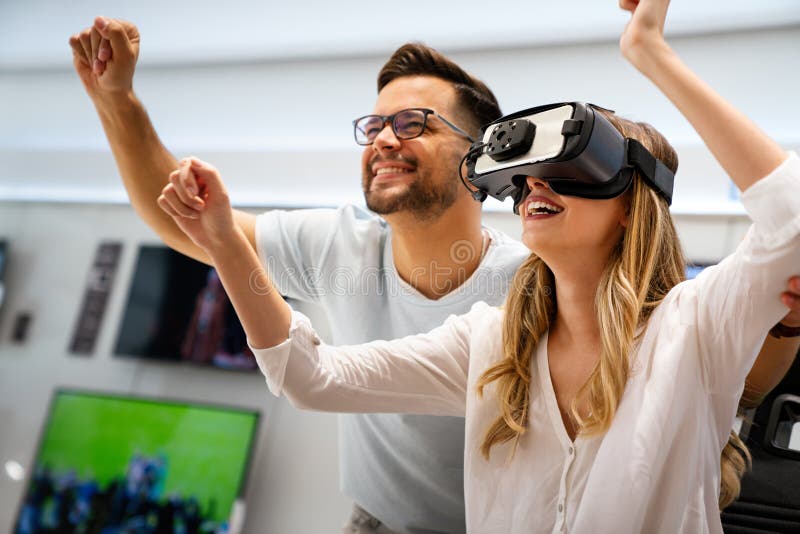Group of People Using Virtual Reality Headset at Exhibition, Show. VR ...