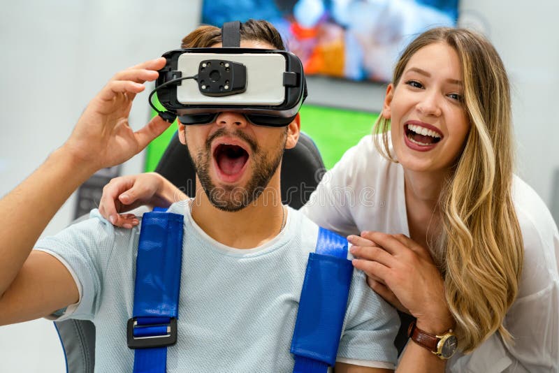 Group of People Using Virtual Reality Headset at Exhibition, Show. VR ...