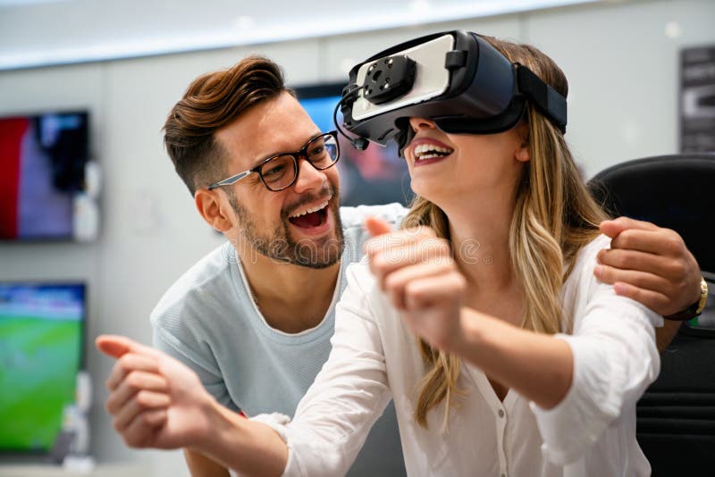 Group of People Using Virtual Reality Headset at Exhibition, Show. VR ...