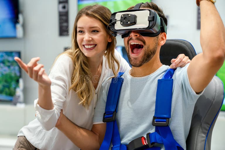 Group of People Using Virtual Reality Headset at Exhibition, Show. VR ...