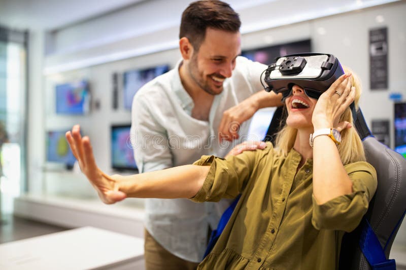 Group of People Using Virtual Reality Headset at Exhibition, Show. VR ...