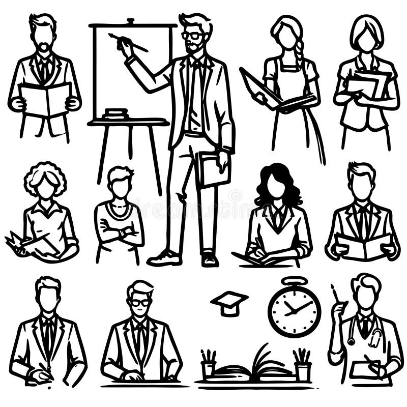 A Group of People in Various Professional Settings, Including a Teacher ...