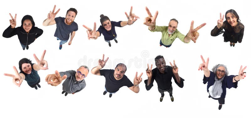 Group of People with Victory Sign on White Stock Photo - Image of ...