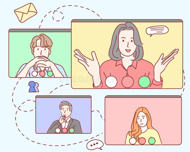 Group of People with Video Conference Concept. Hand Draw Flat Character ...
