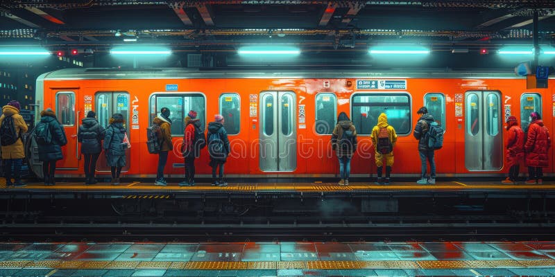 Subway Platform Night Lights. Created by Generative Artificial ...