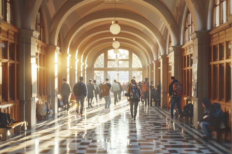 A Group of People Walk Down a Hallway in a Building Stock Image - Image ...