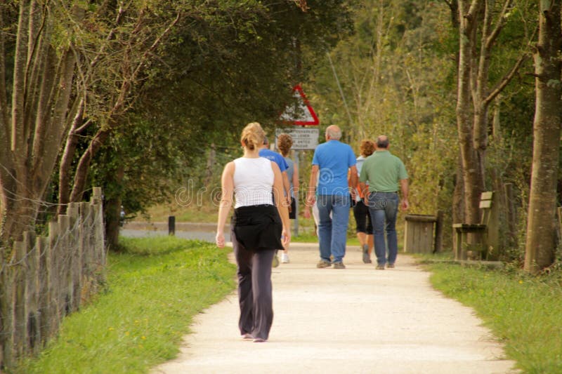 A Group of People Walk Down the Path in the Park Stock Image - Image of ...