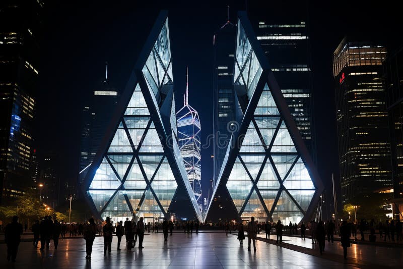 A Group of People Walk in Front of a Building at Night Stock ...