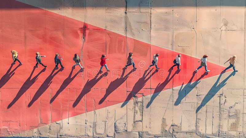Group of People Walk in Linear Shape,with Shadows Cast on Ground ...
